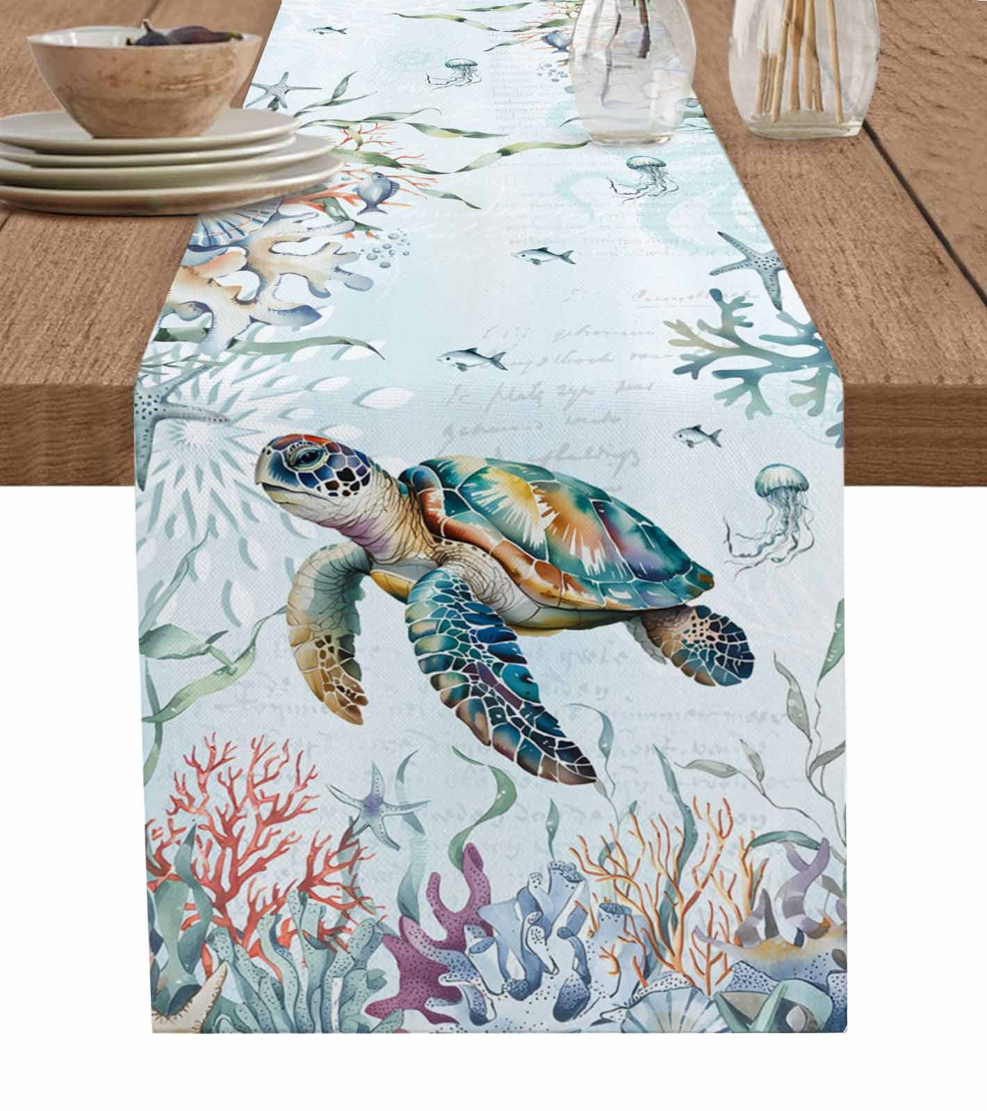 Sea Turtle Coastal Table Runner Summer Beach Coral Ocean Seaweed ...