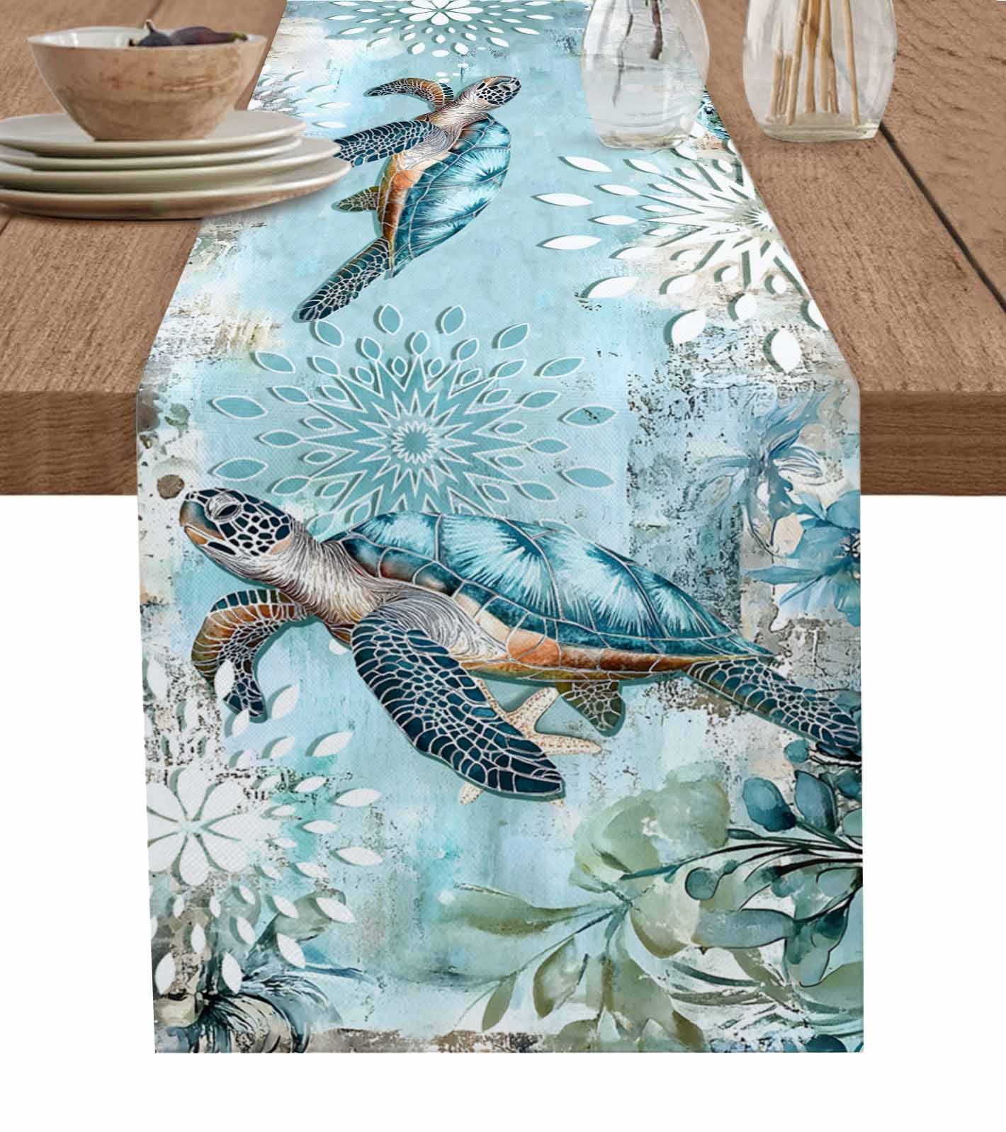 Sea Turtle Coastal Table Runner Vintage Teal Nautical Beach Botanical ...