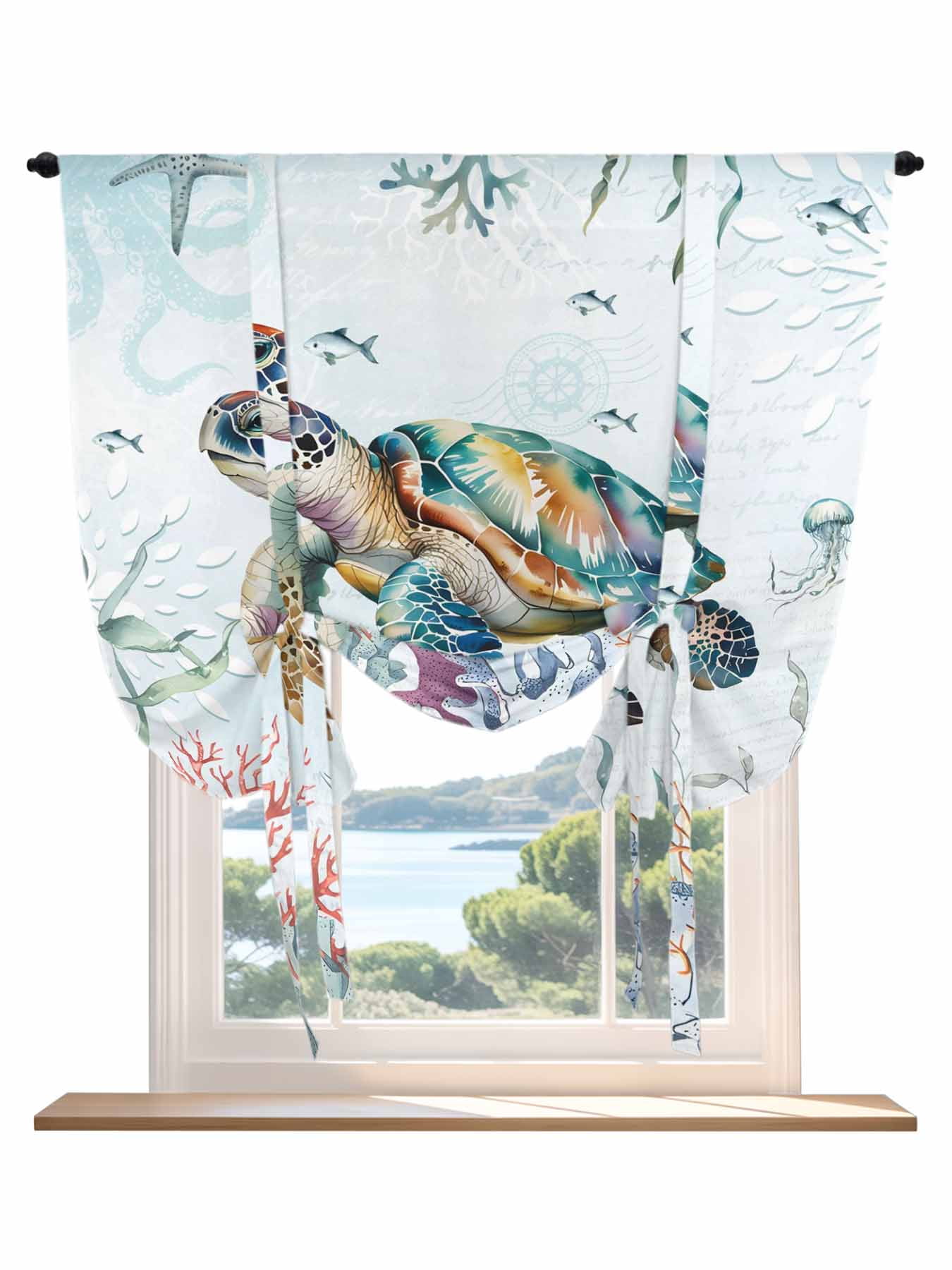 Sea Turtle Coastal Tie Up Curtains for Windows 63 Inch Length Balloon ...