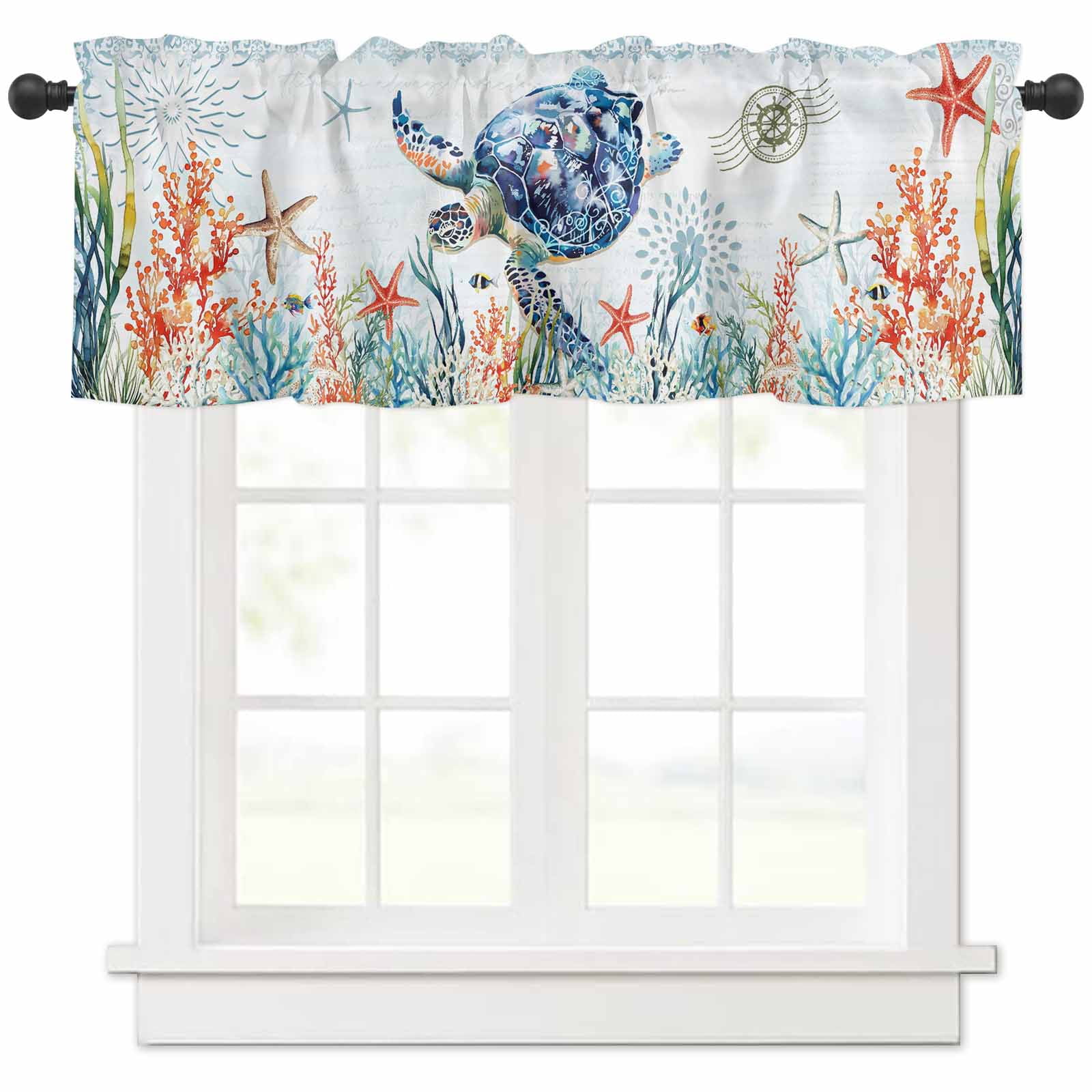 Sea Turtle Coastal Valances for Windows Farmhouse Kitchen Curtains ...