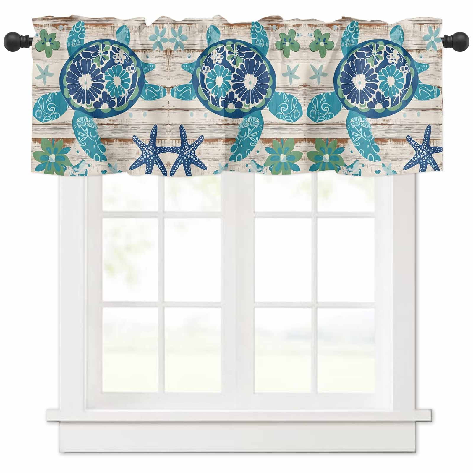 Sea Turtle Coastal Valances for Windows Farmhouse Kitchen Curtains ...