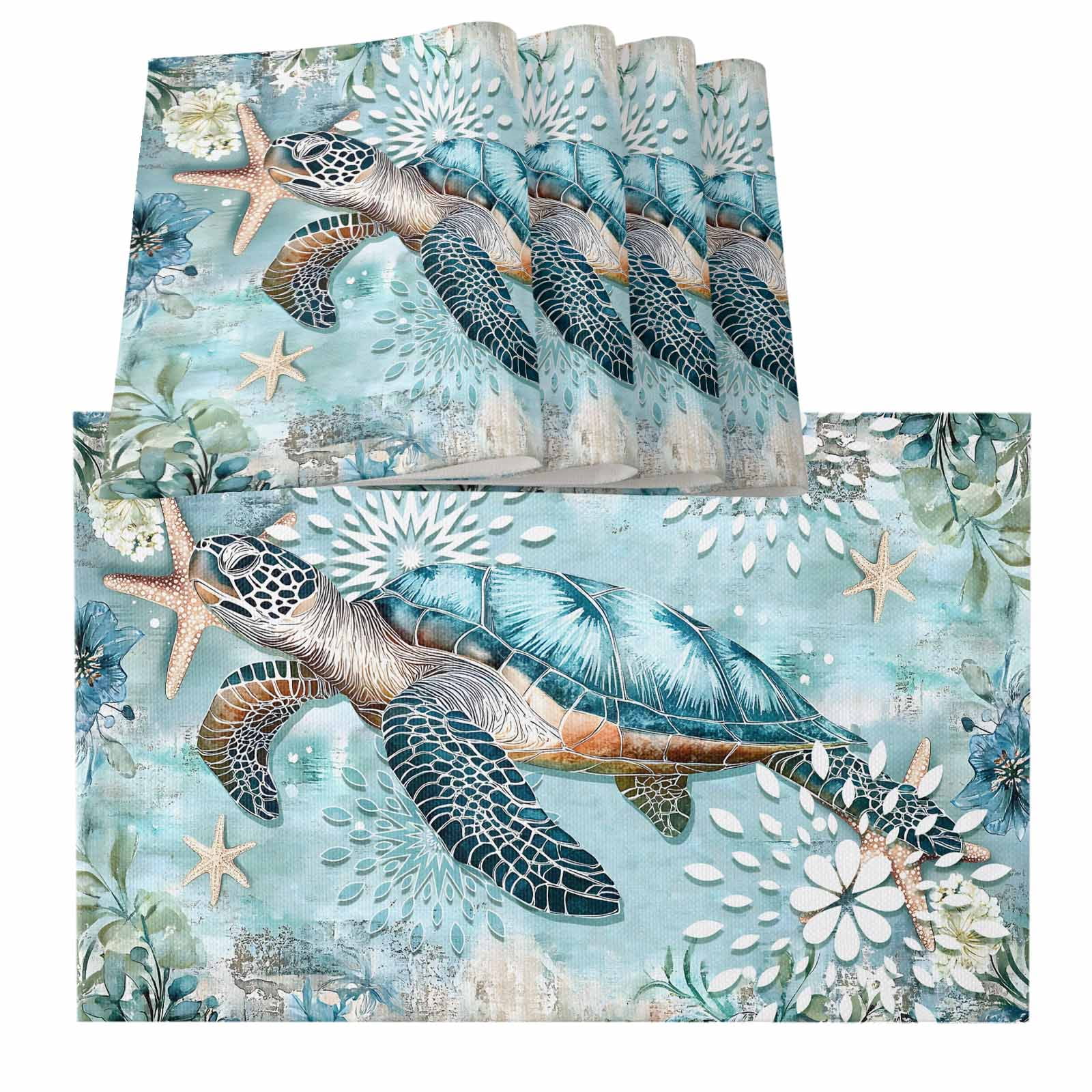 Sea Turtle Coastal Vintage Teal Nautical Beach Botanical Burlap Kitchen ...