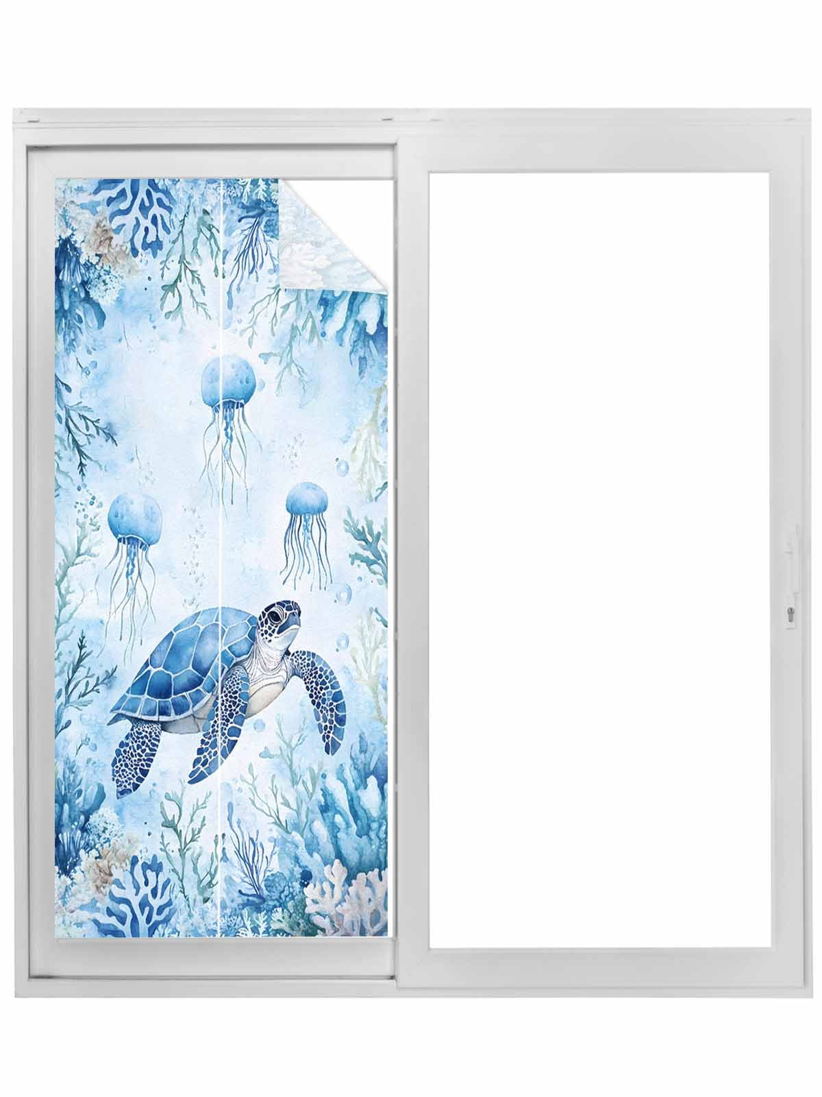 Sea Turtle Coastal Window Privacy Film, Blue Summer Beach Coral ...