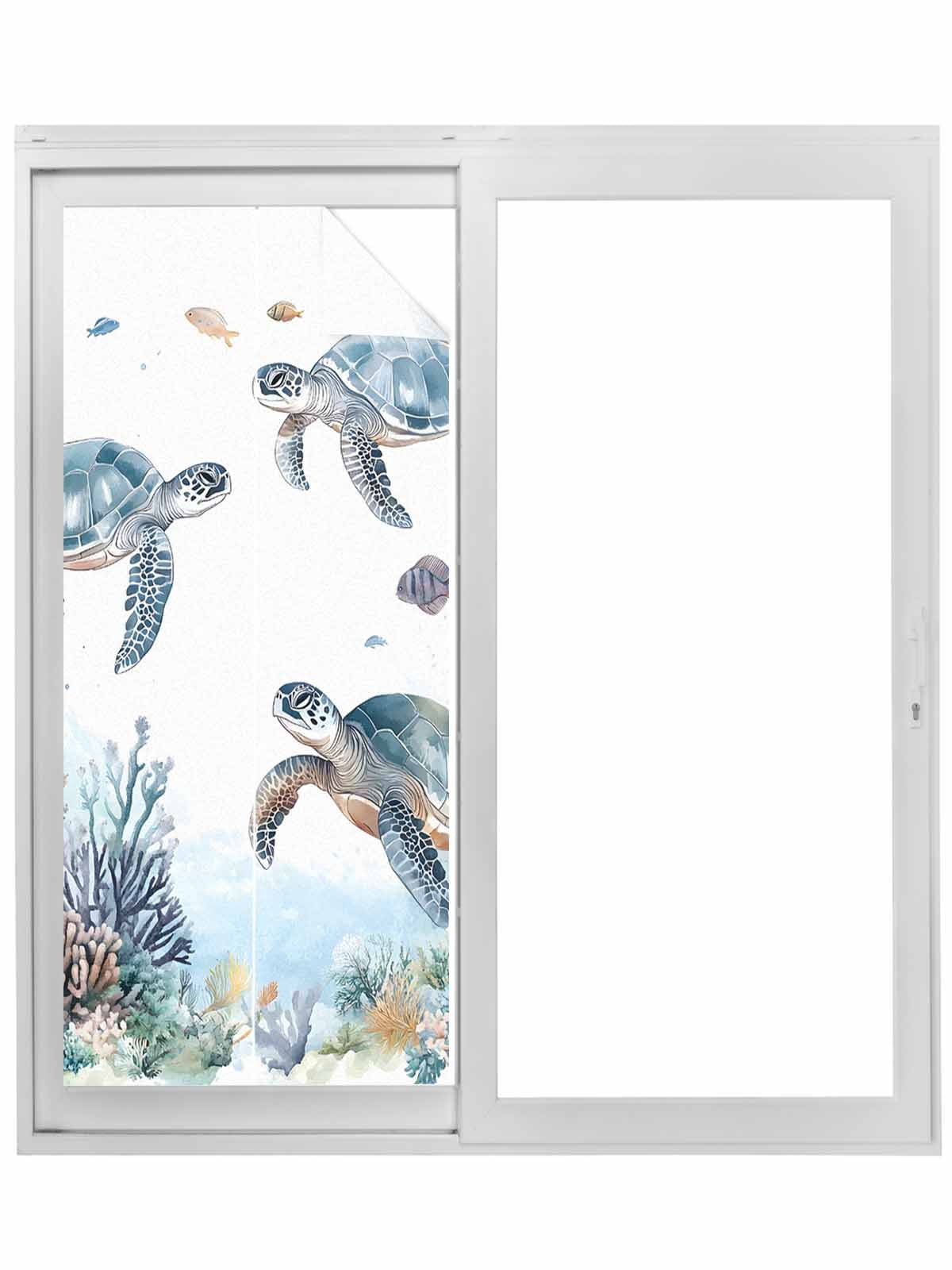 Sea Turtle Coastal Window Privacy Film, Summer Beach Coral Ocean Blue ...