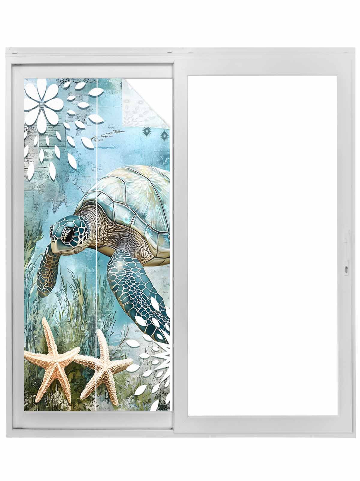 Sea Turtle Coastal Window Privacy Film, Summer Beach Teal Coral ...