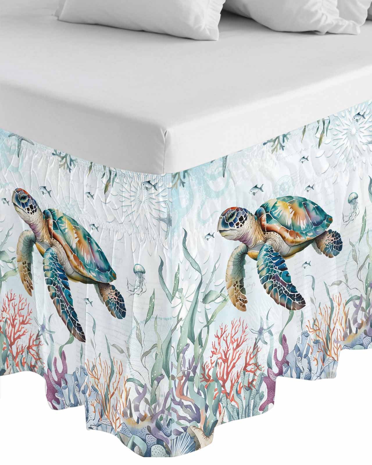 Sea Turtle Coastal Wrap Around Bed Skirts for Queen Bed 18" Drop,Bed ...