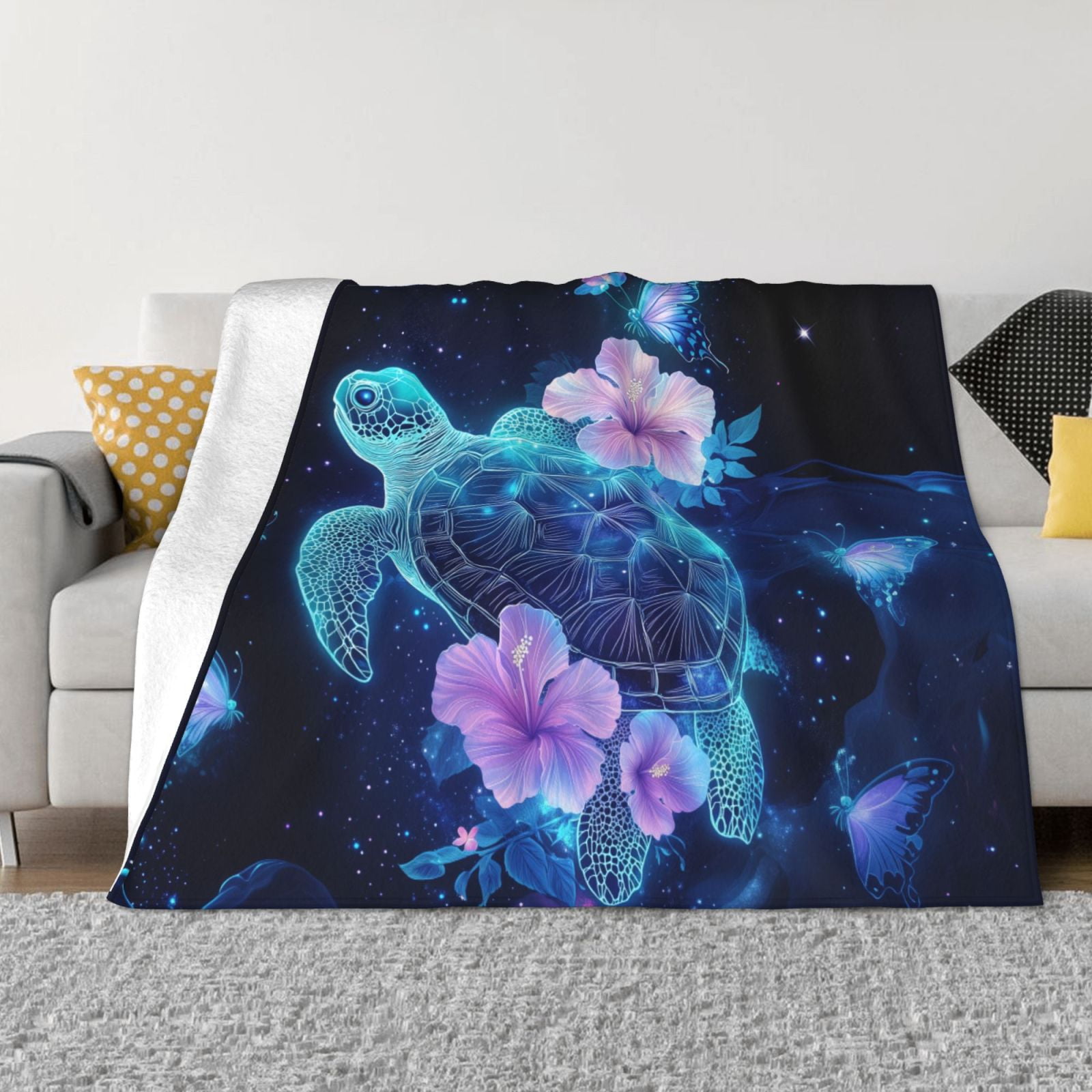 Sea Turtle Colorful Galaxy Butterfly Hibiscus Fleece Blanket Throw Soft ...