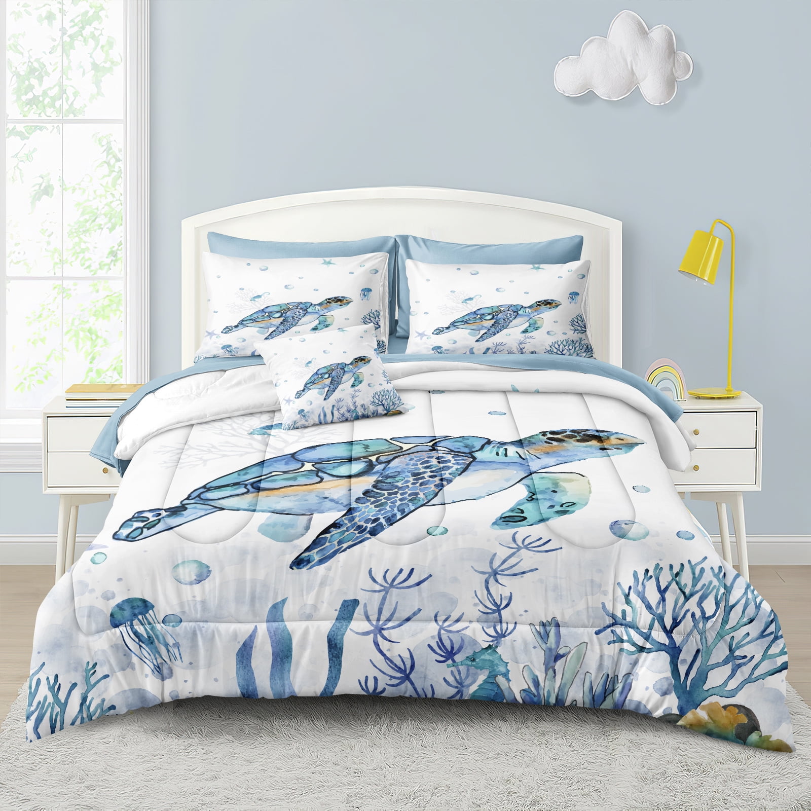 Sea Turtle Comforter Ocean Theme Bedding Set Coastal Bed in a Bag 8 ...