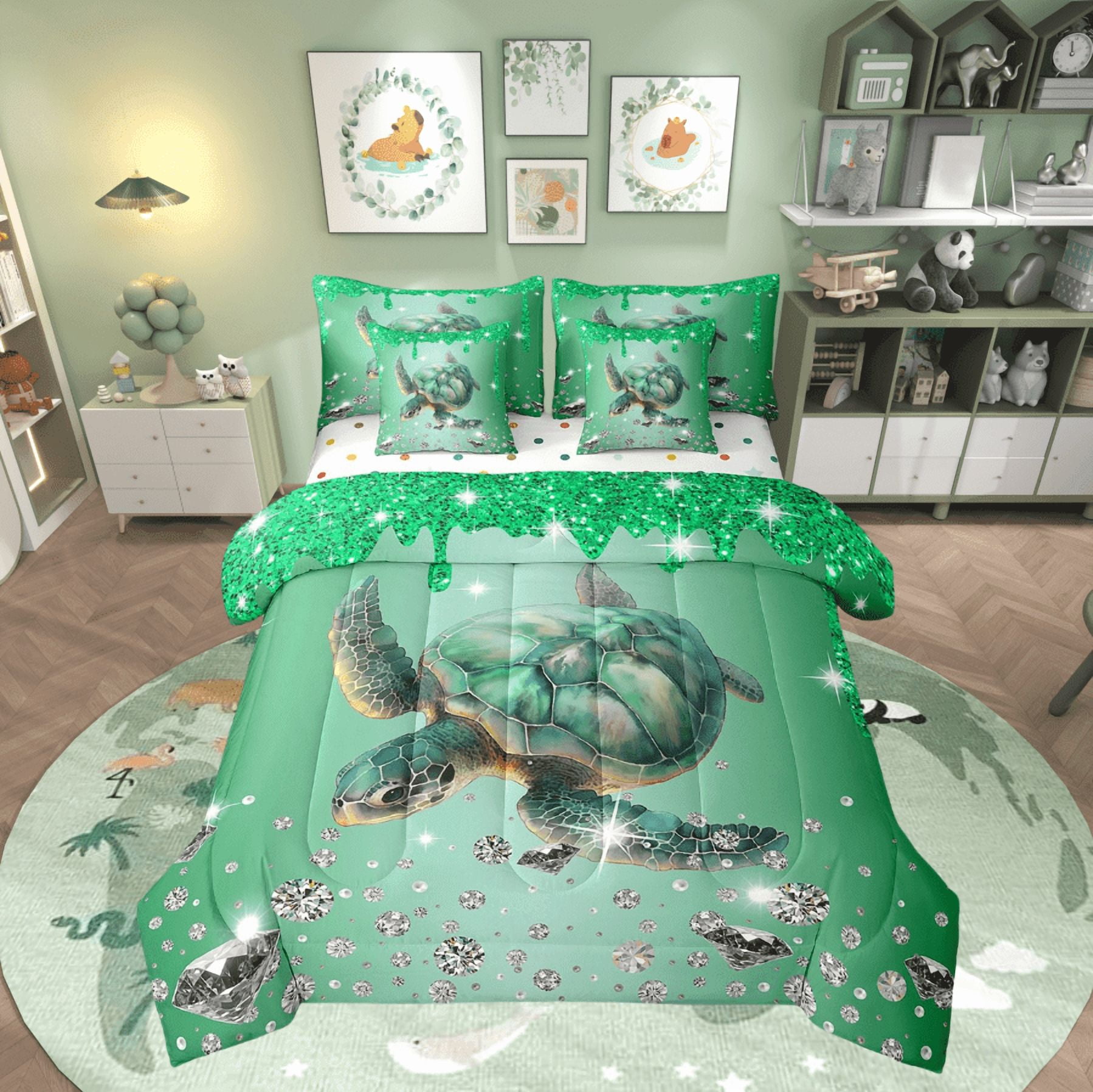 Sea Turtle Comforter Set 7 Piece Bed in a Bag Twin,Green Sequin Fluid ...
