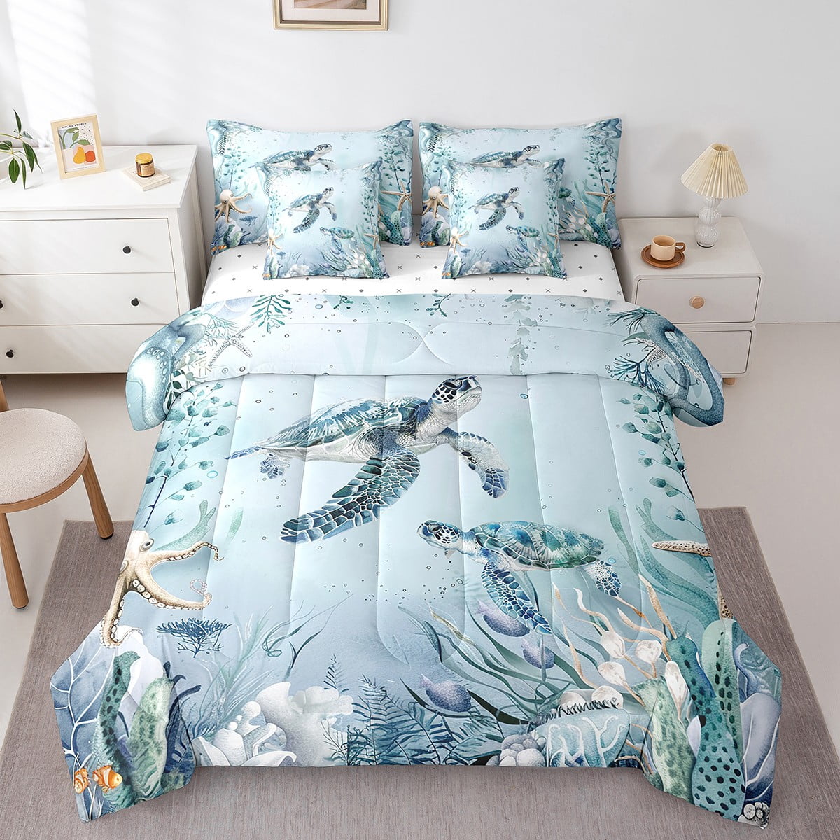 Sea Turtle Comforter Set 7 Piece Bed in a Bag Twin,Teal Blue Ocean ...