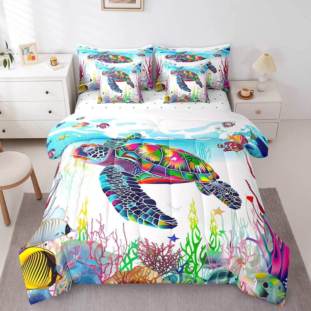 Sea Turtle Comforter Set - 7 Pieces Bed in a Bag Set,Rainbow Coral Fish ...