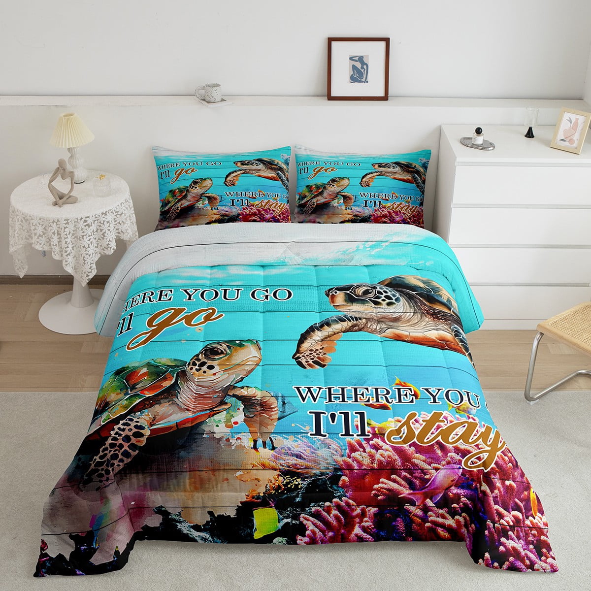 Sea Turtle Comforter Set , Beach Tortoise Bedding Set Full Size Rustic ...