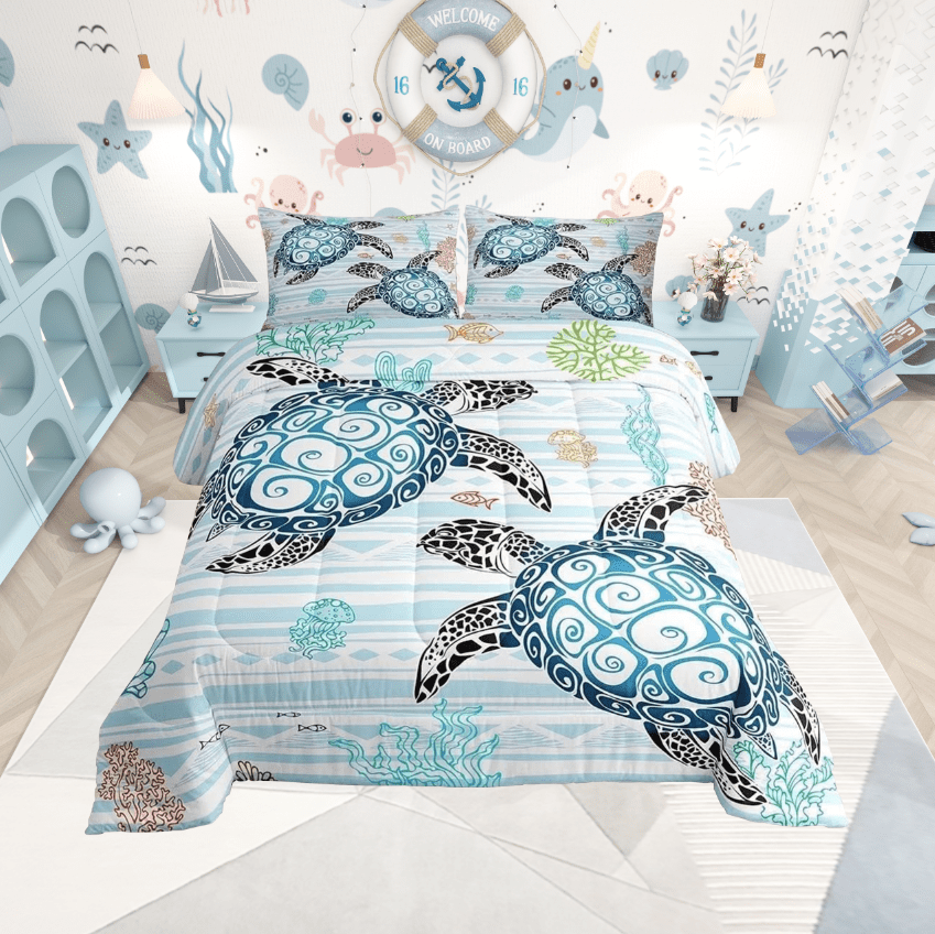 Sea Turtle Comforter Set Kawaii Room Decor, Coastal Beach Themed ...