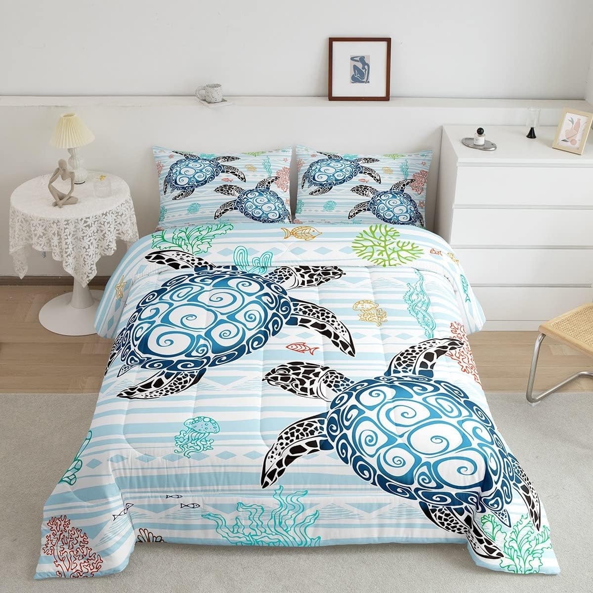 Erosebridal Sea Turtle Comforter Set, Coastal Beach Bedding King Size ...
