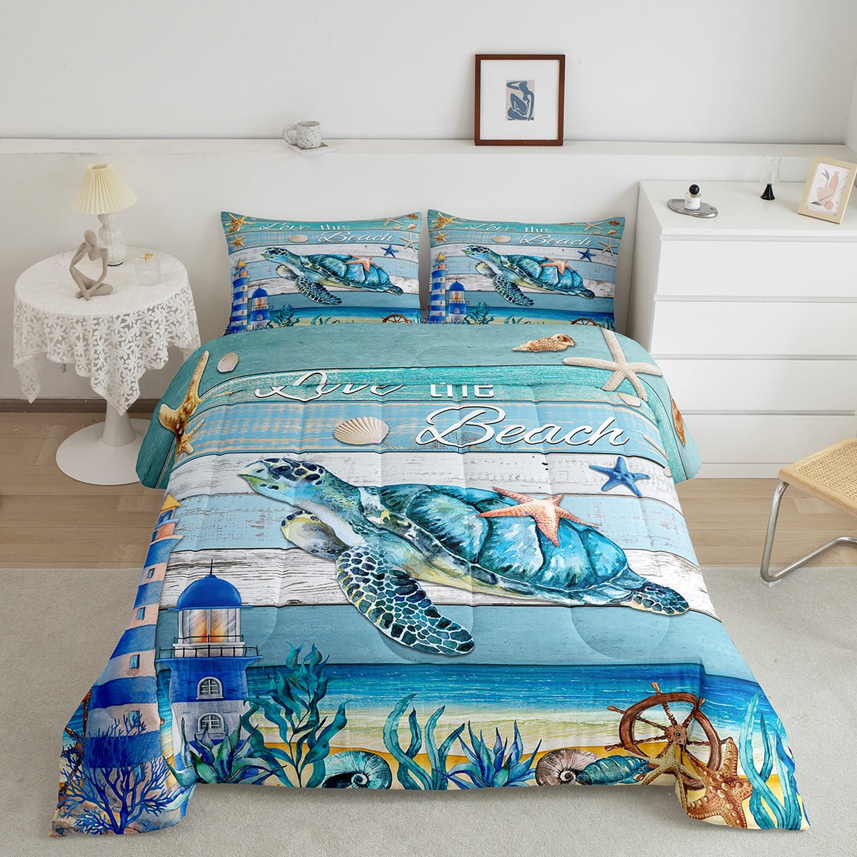 Sea Turtle Comforter Set ,Summer Ocean Beach Bedding Set,Sea Lighthouse ...