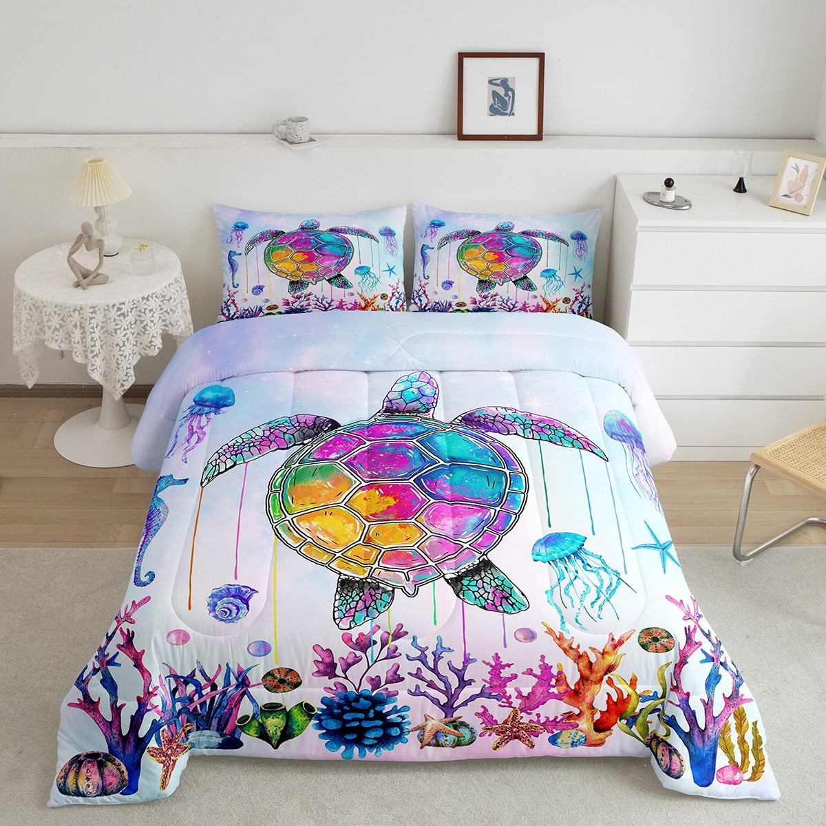 Sea Turtle Comforter Set King,Graffiti Tortoise Bedding Set for Kids ...