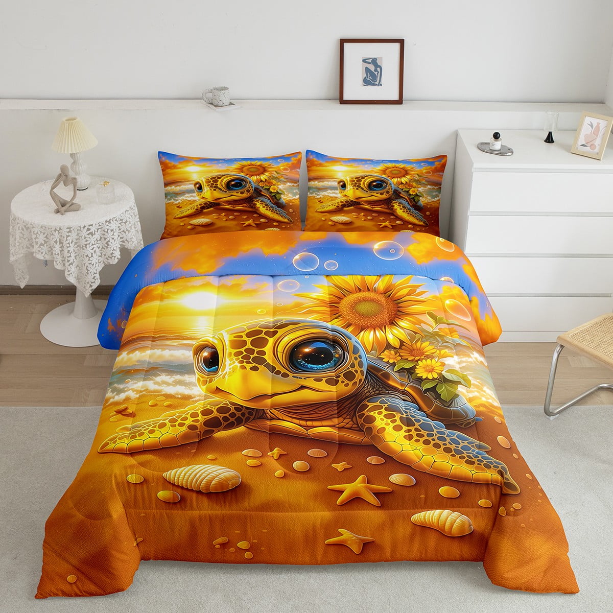Sea Turtle Comforter Set King Size,Sunflower Bedding Set 3Pcs for Kids ...
