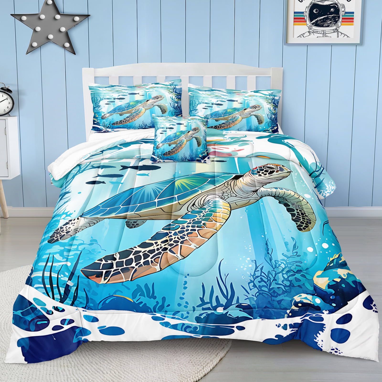 Sea Turtle Comforter Set Navy Blue Ocean Bedding Set 4 Pcs Water Grass ...