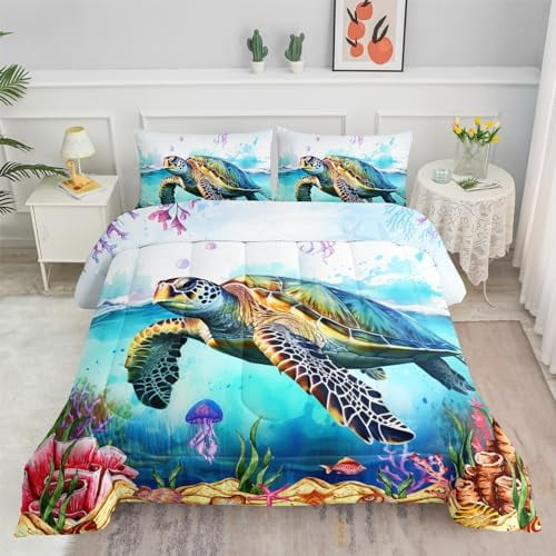 Sea Turtle Comforter Set Queen,Coastal Beach Themed Comforter Set Sea ...