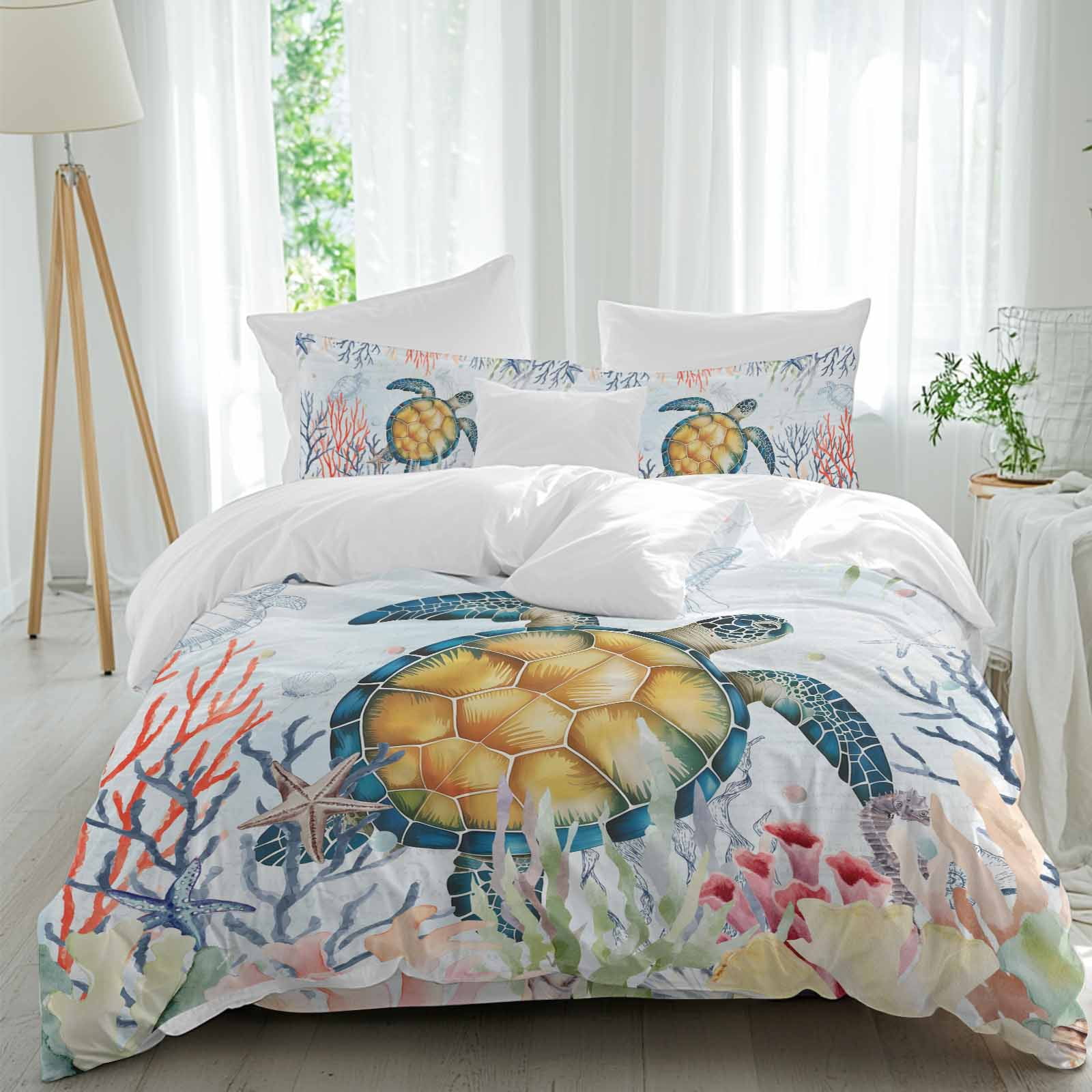 Sea Turtle Comforter Set Queen Size, Vintage Watercolor Ocean Animals ...