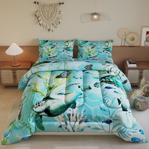 Sea Turtle Comforter Sets for Kids Adults,3D Ocean Pattern with Blue ...