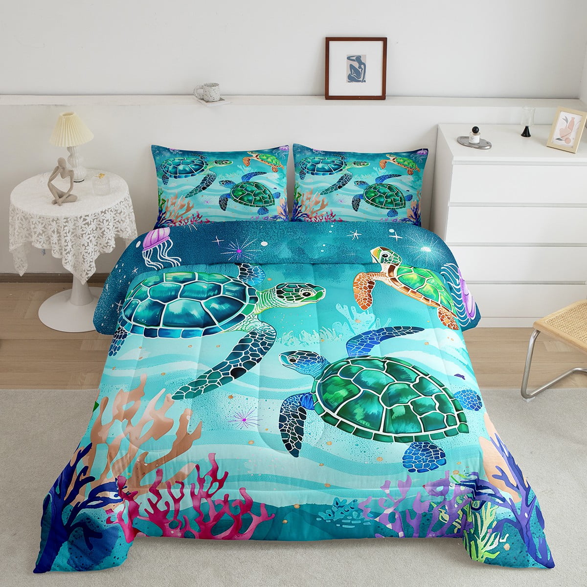Sea Turtle Comforter Set Coastal Twin Bedding Sets ,Nautical Sea Animal ...
