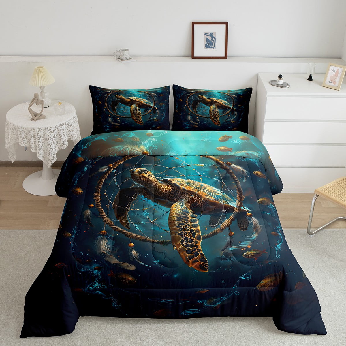 Sea Turtle Comforter Set Dreamcatcher Bedding Sets Full,Boho Feather ...