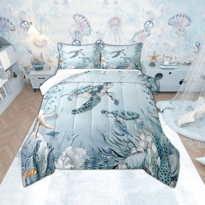 Sea Turtle Comforter Set Teal Blue Ocean Beach Coastal King Bedding ...