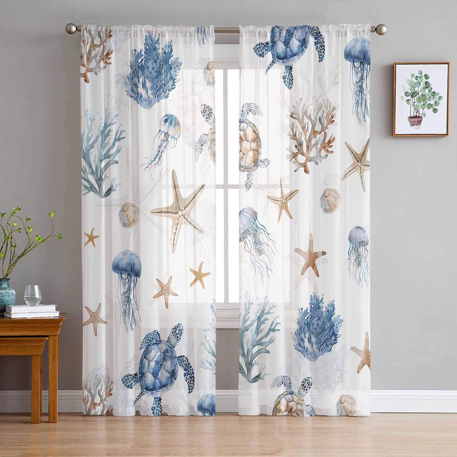 Sea Turtle Coral Jelly Tulle Curtains for Living Room Bedroom Sheer ...