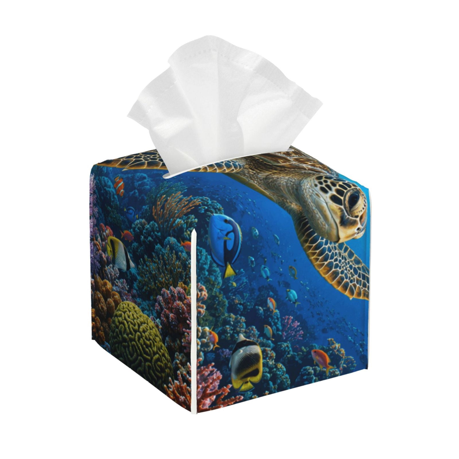 Sea Turtle Coral Reef Square Faux Leather Tissue Box Cover, PVC Paper ...