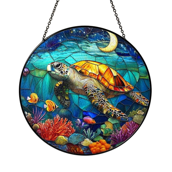 Sea Turtle Coral Reef Stained Glass Suncatcher, Ocean Marine Window ...