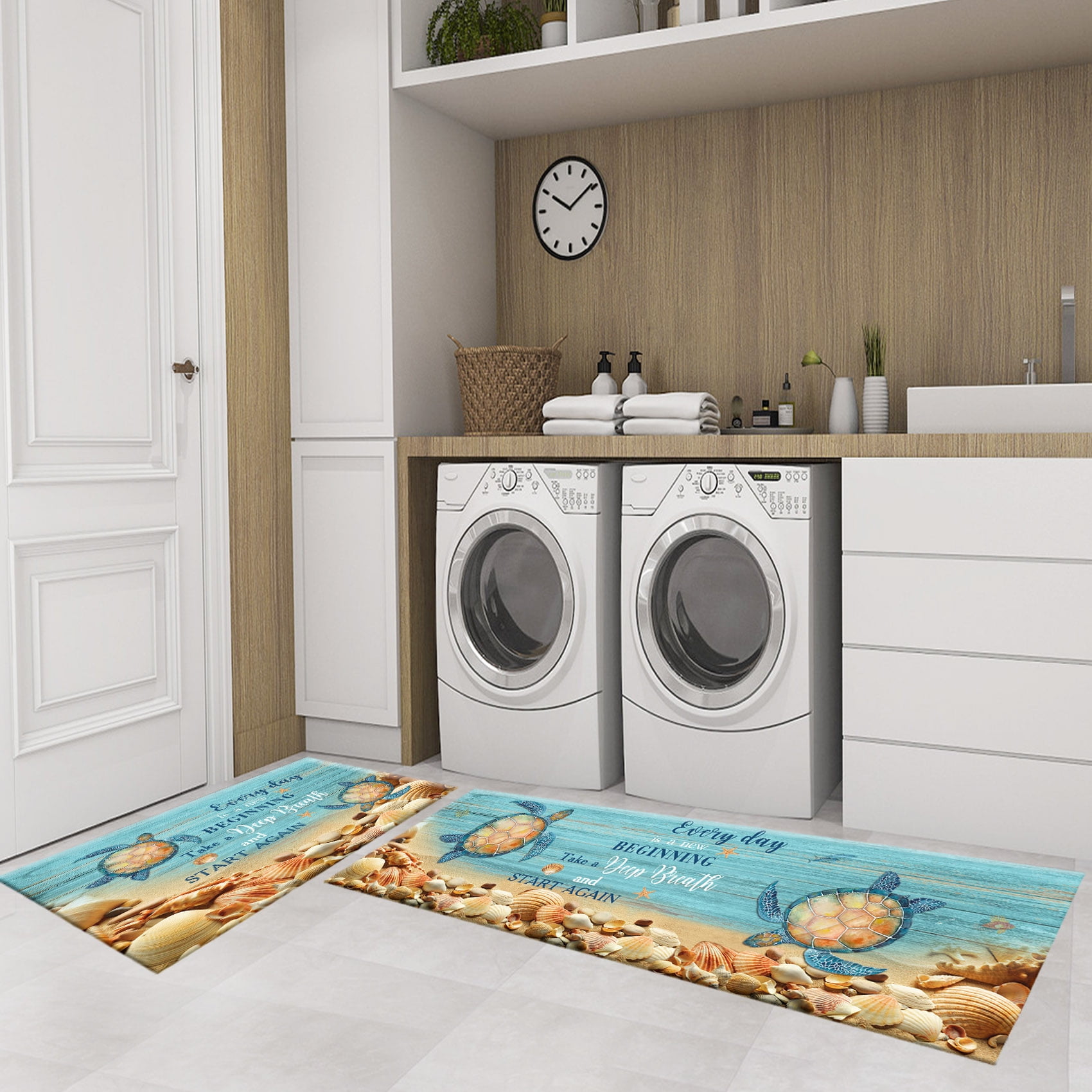 Sea Turtle Coral Seashell Beach Kitchen Rugs and Mats Non Skid Washable ...