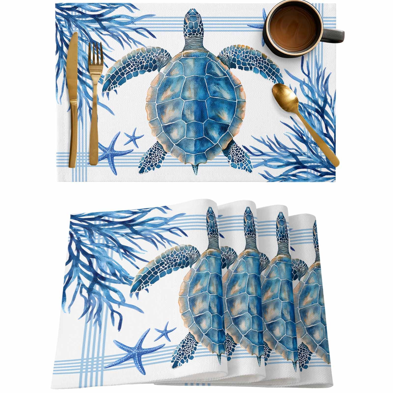 Sea Turtle Coral Starfish Placemats Set of 4,Wipeable Washable Table ...