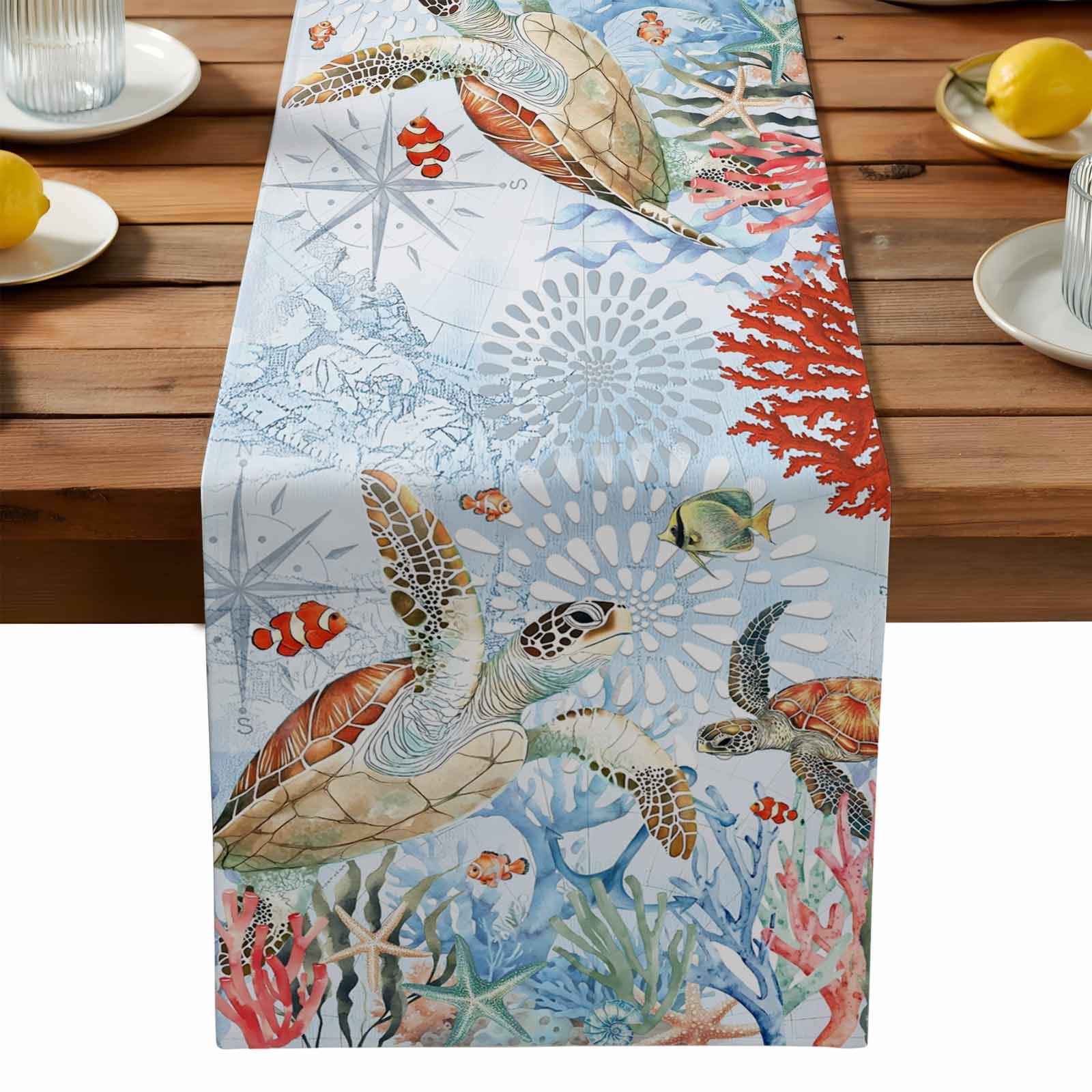 Sea Turtle Coral Summer Table Runner, Starfish Ocean Fish Orange Blue ...