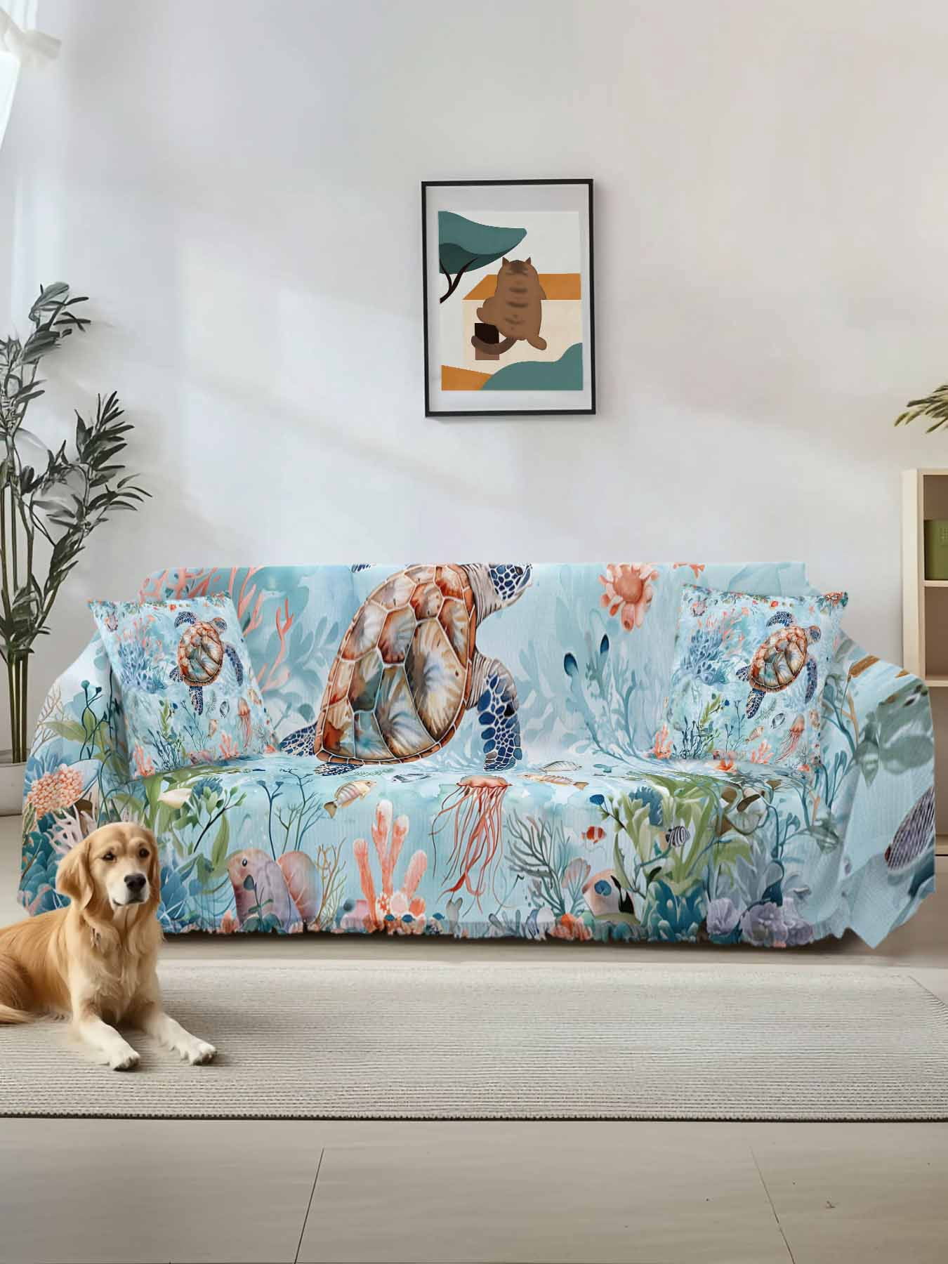 Sea Turtle Couch Cover for 2 Cushion Sofa, Summer Beach Coastal ...