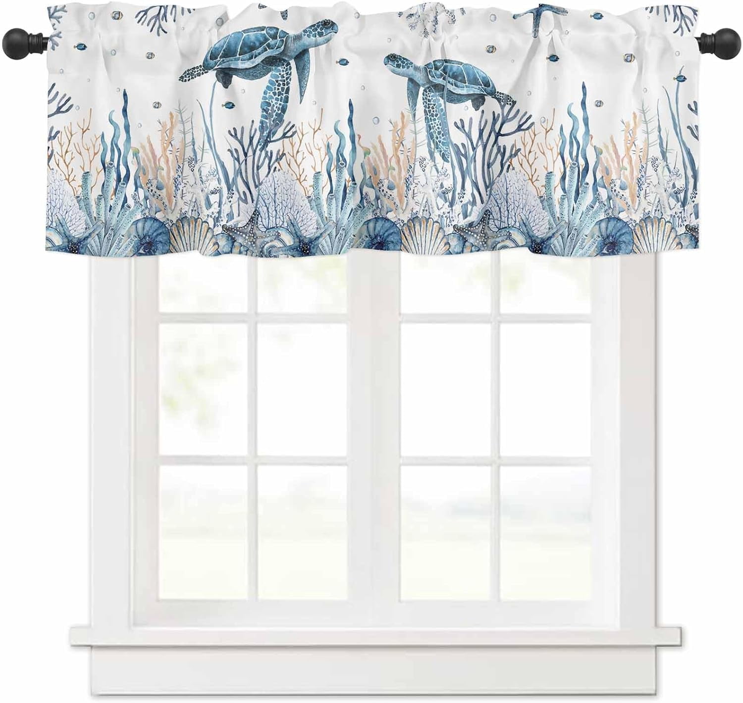 Sea Turtle Curtain Valance for Windows Rod Pocket Nautical Starfish ...