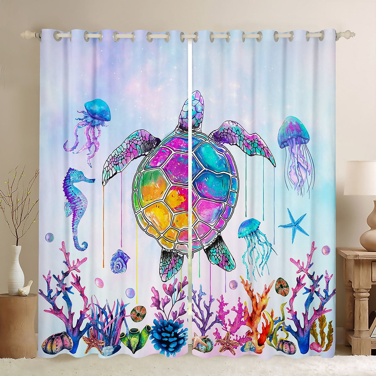 Sea Turtle Curtains 42Wx63L,Graffiti Tortoise 30%-50% Blackout Curtains ...