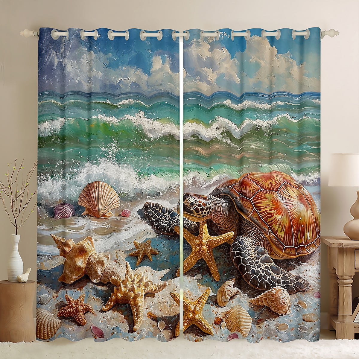 Sea Turtle Curtains,Coastal Beach Turtle Curtains Bedroom,Starfish ...