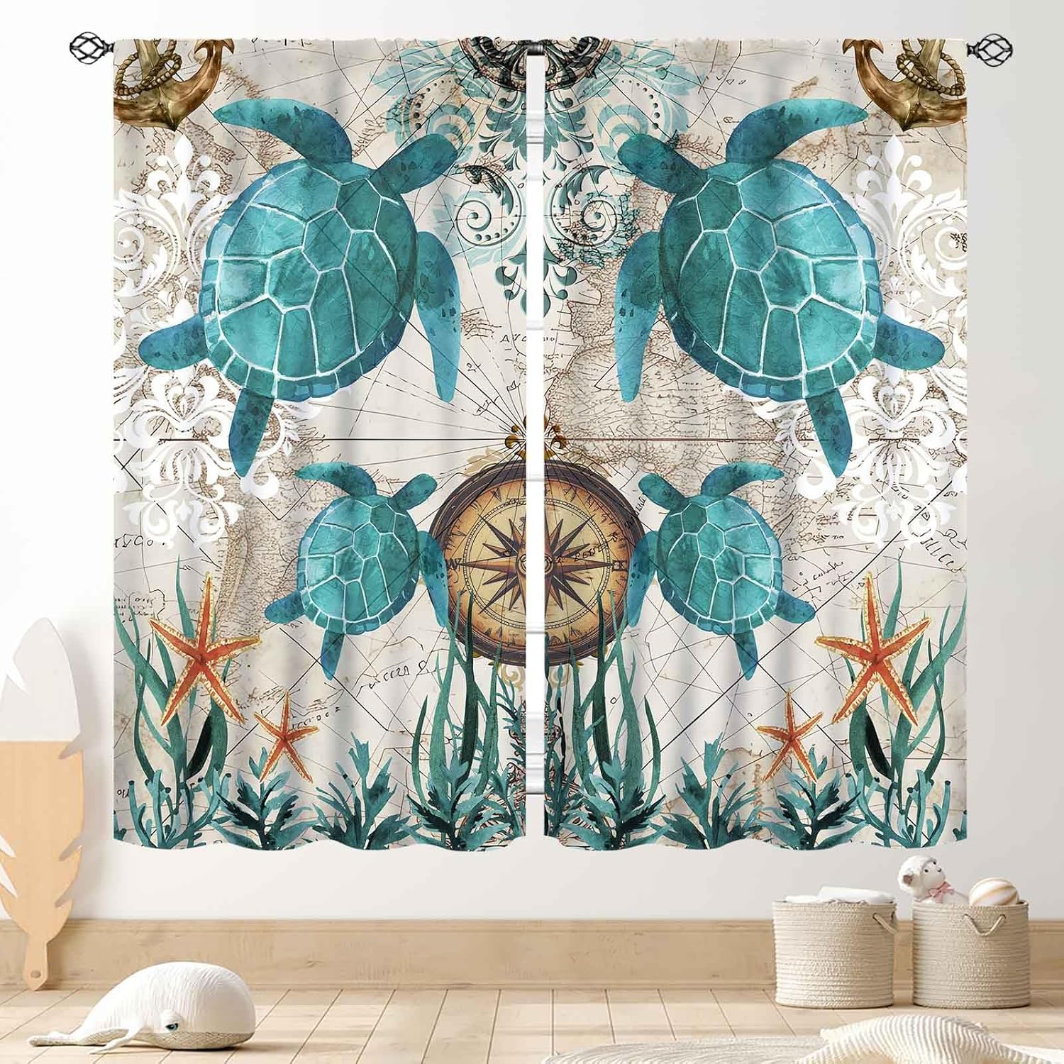 Sea Turtle Curtains, Coastal Nautical Beach Seaweed Seahorse Starfish ...