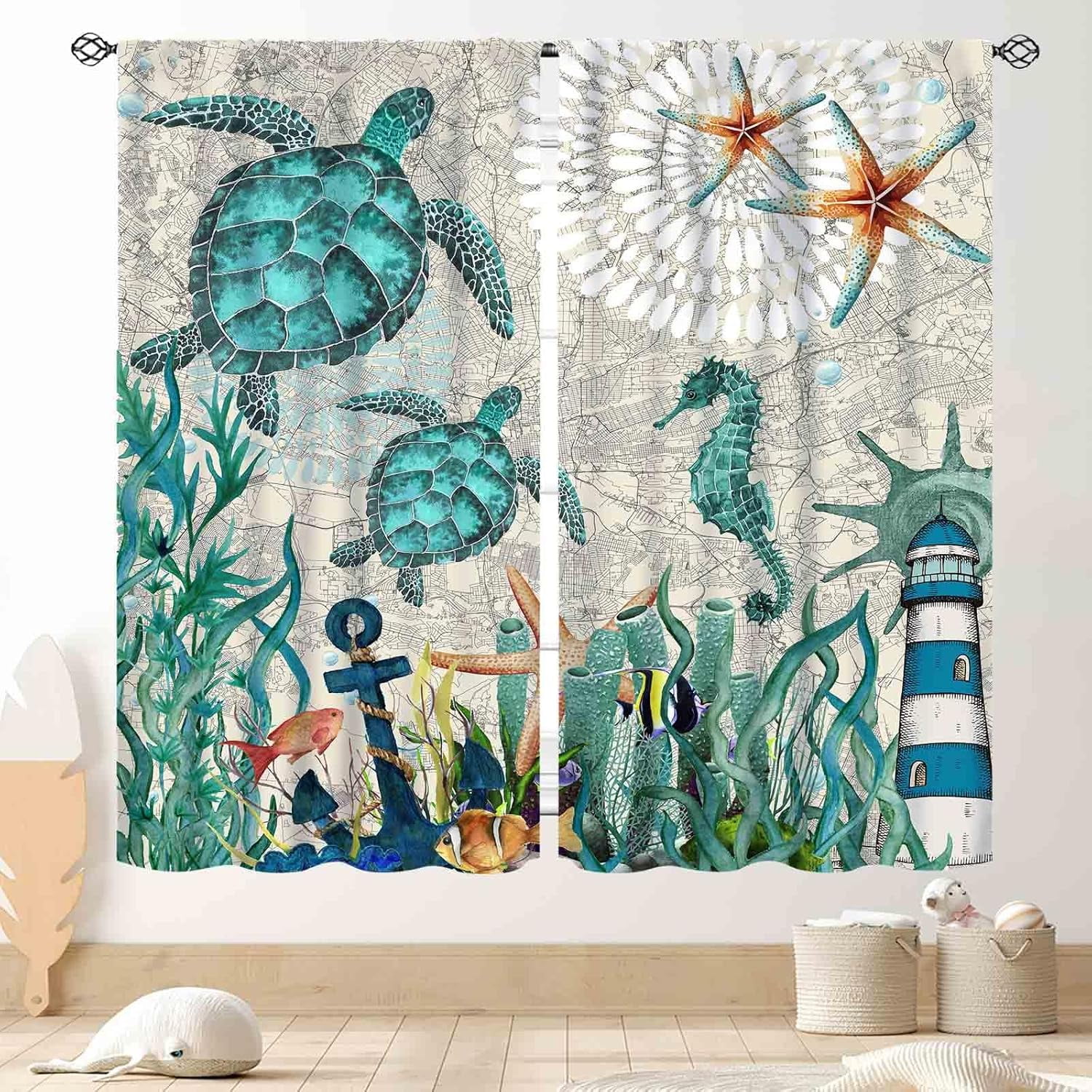 Sea Turtle Curtains, Coastal Nautical Beach Seaweed Seahorse Starfish ...