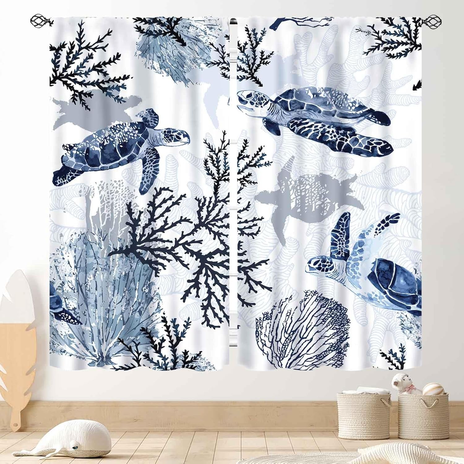 Sea Turtle Curtains, Coastal Nautical Beach Seaweed Seahorse Starfish ...