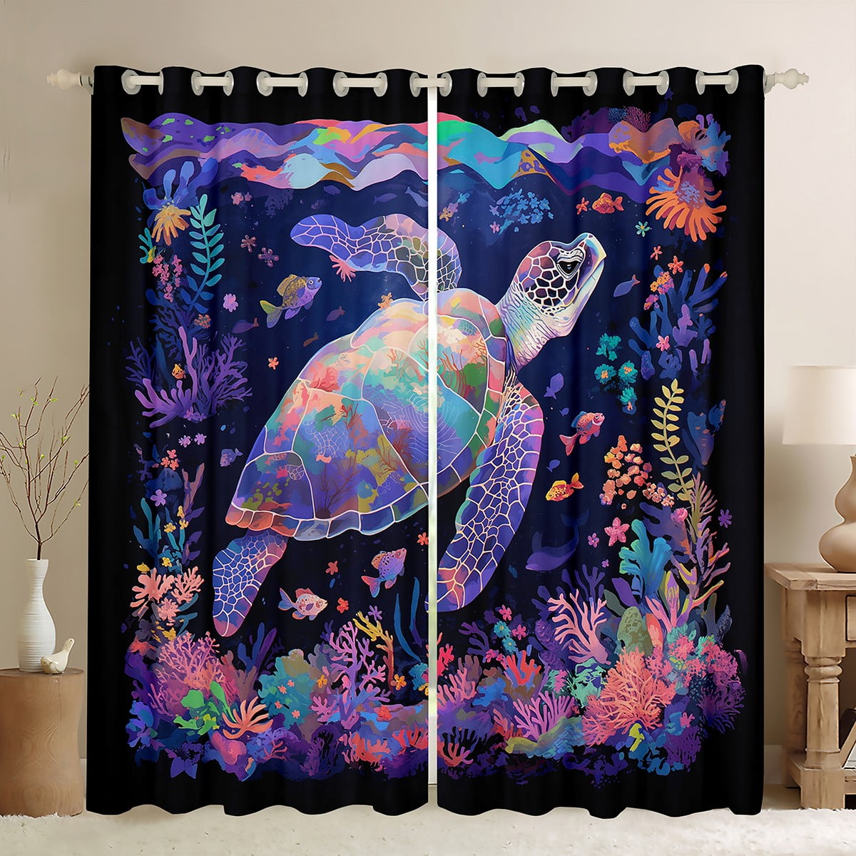 Sea Turtle Curtains,Colorful Coral Fish Turtle Curtains for Kids Girls ...