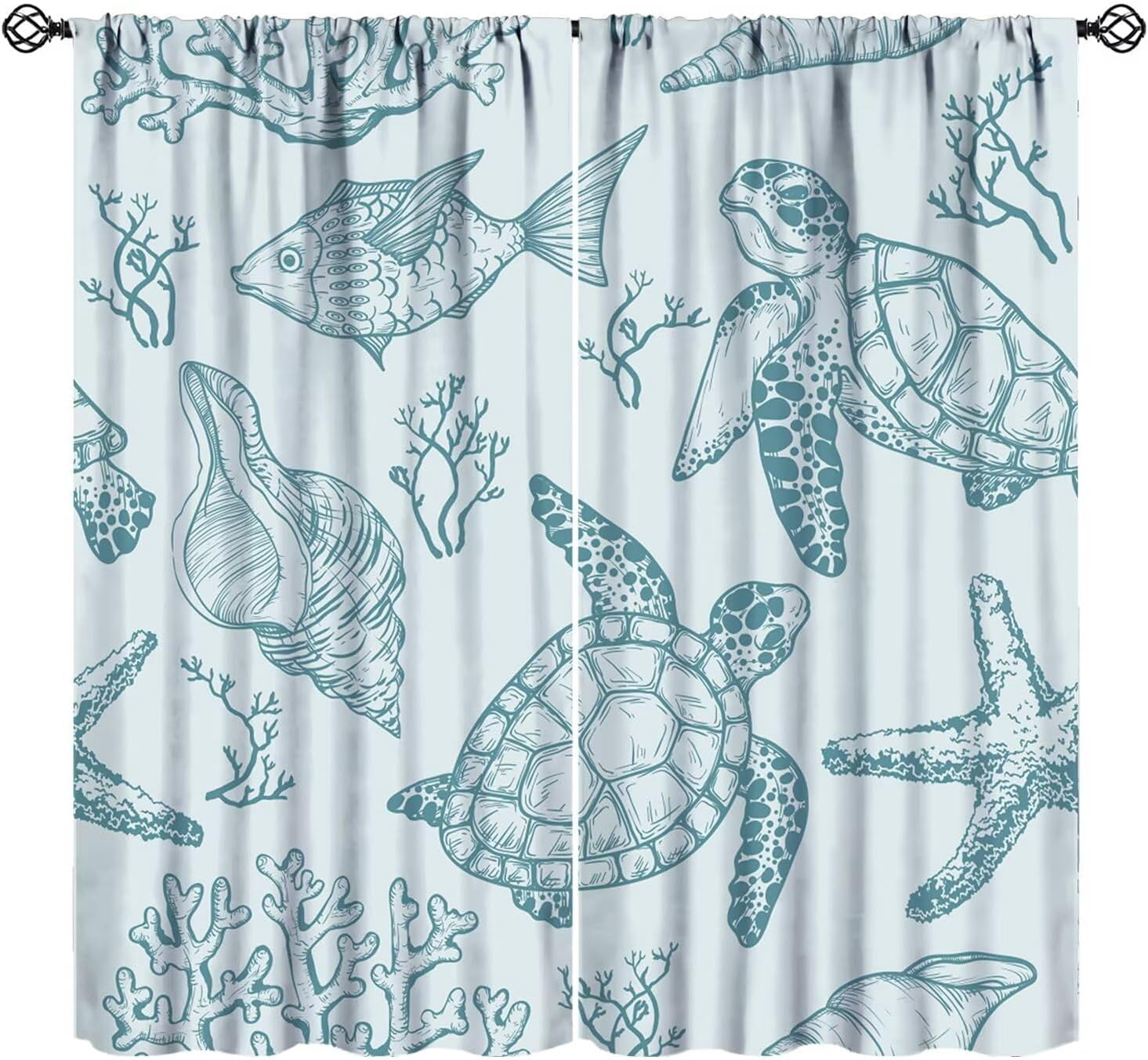 Sea Turtle Curtains, Ocean Beach Coastal Teal Sea Shells Fish Corals ...