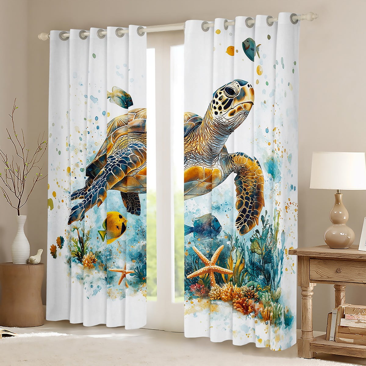 Sea Turtle Curtains Ocean Turtle Pattern 38"Wx45"L 2 Panels Blackout ...