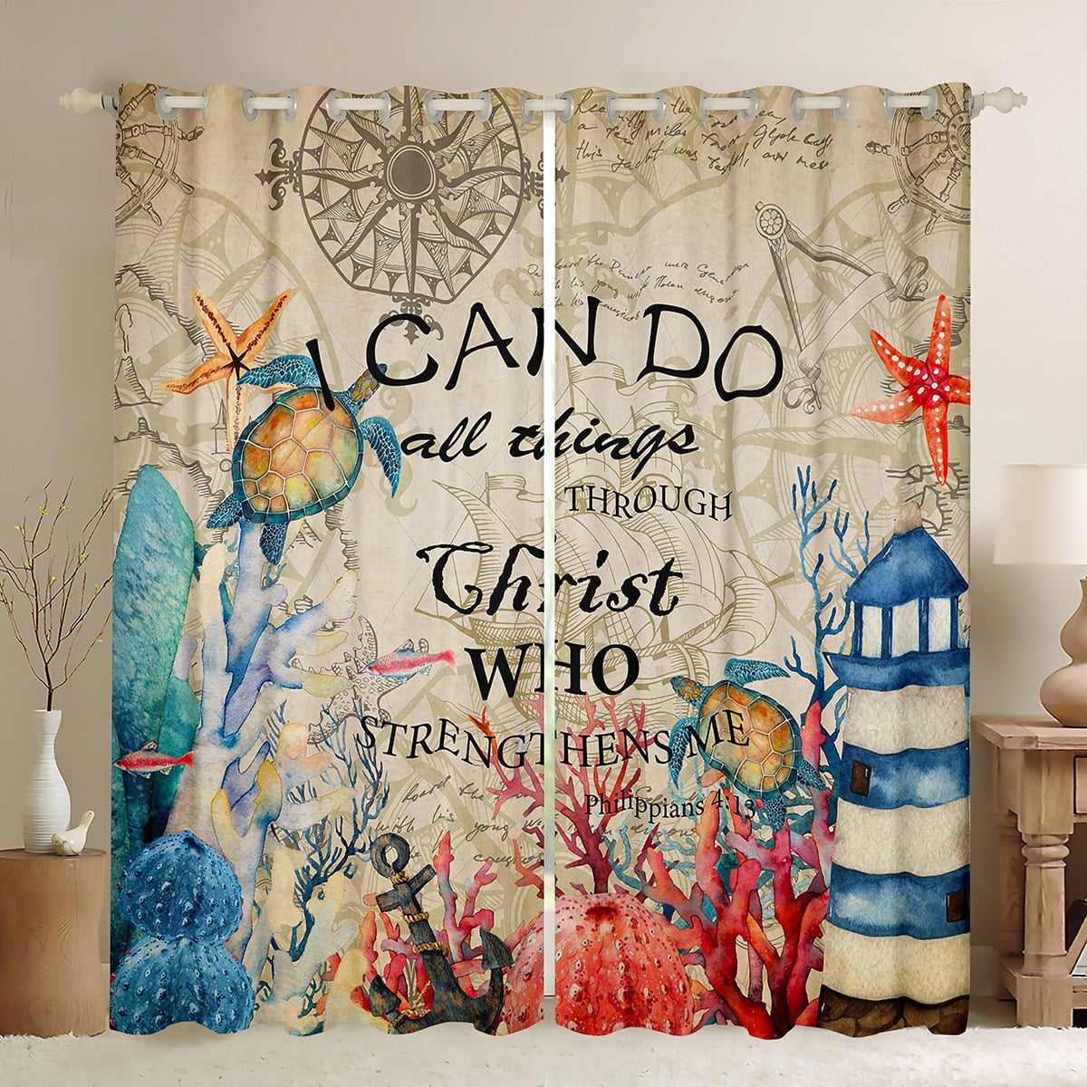 Sea Turtle Curtains & Drapes 2 Panels 38"Wx45"L,Nautical Lighthouse 30% ...