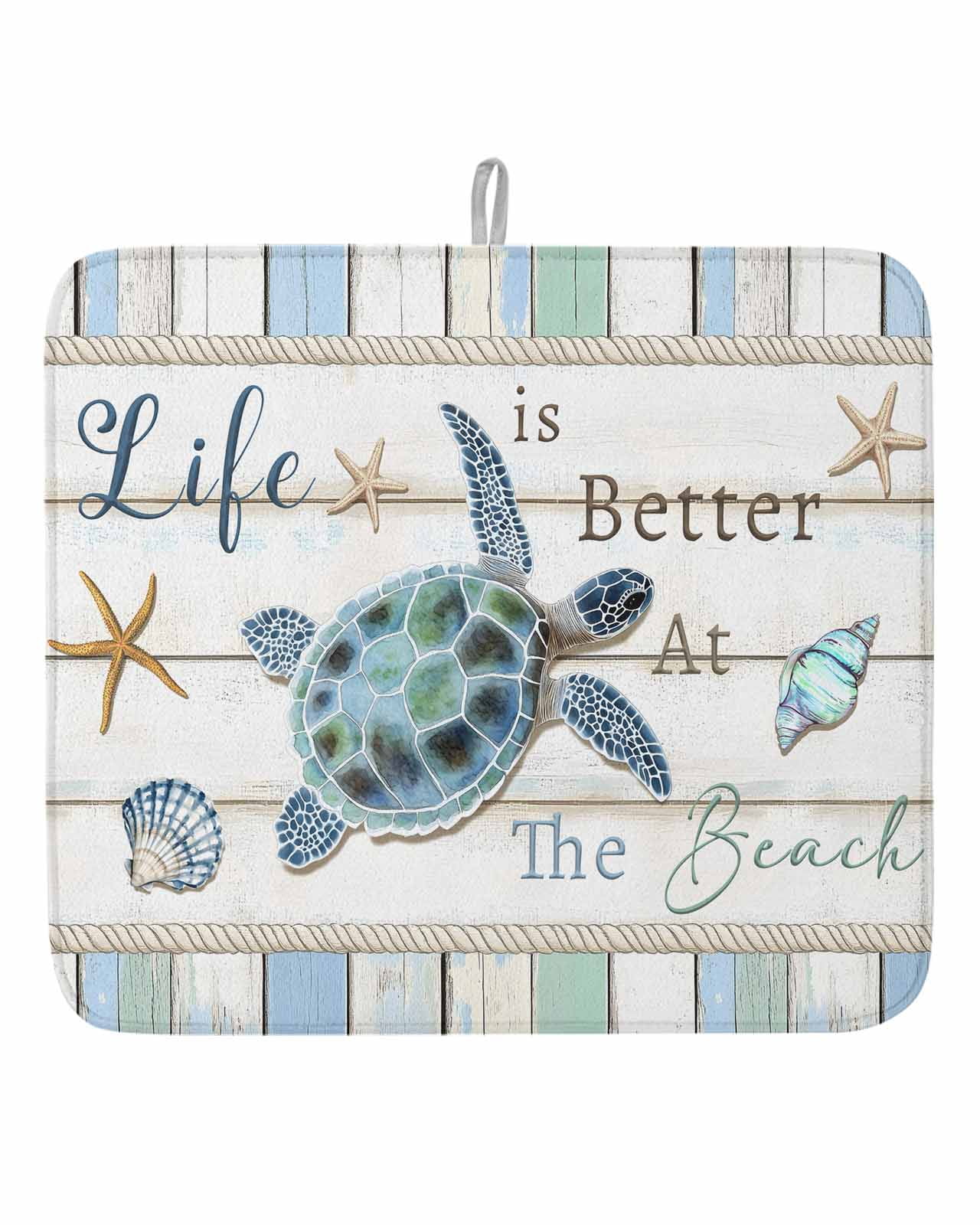 Sea Turtle Dish Drying Mat 16x18 inch Ocean Starfish Shell Wood Grain ...