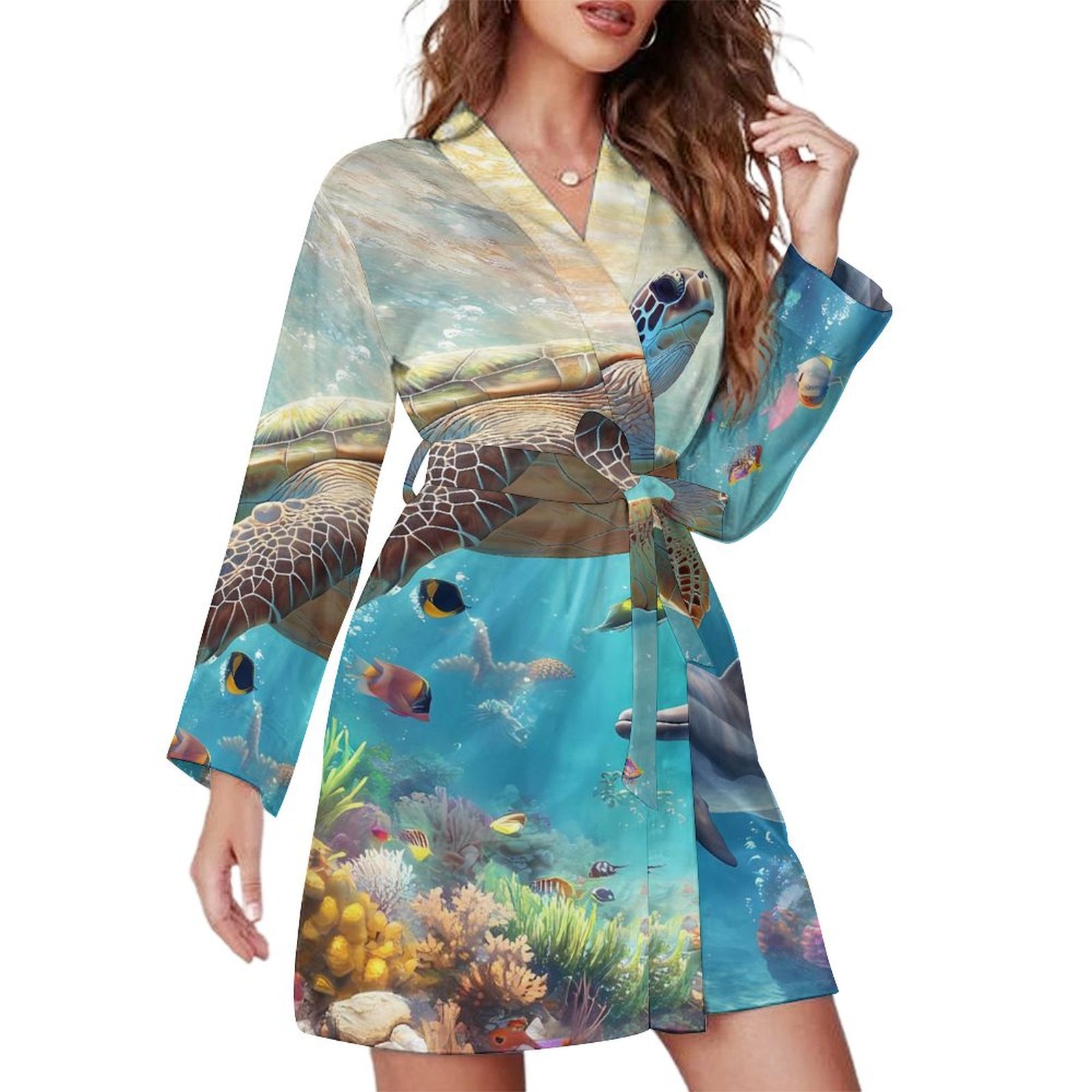 Sea Turtle Dolphins Tropical Fish Coral Lightweight Kimono Robe Midi ...