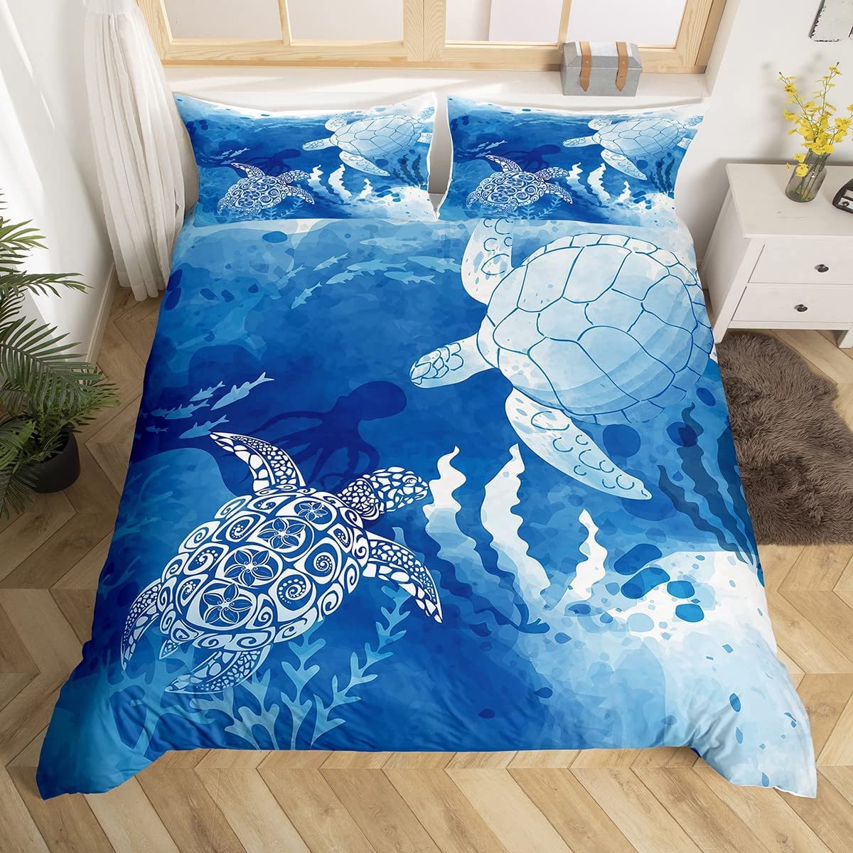 Sea Turtle Duvet Cover 104x90 inch ,Octopus Seaweed Silhouette Bedding ...