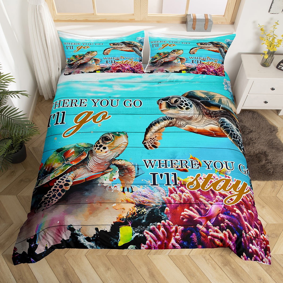 Sea Turtle Duvet Cover, Beach Tortoise Comforter Cover King Size Rustic ...