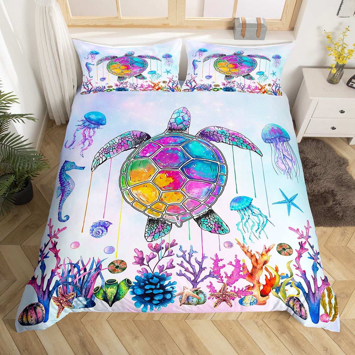 Sea Turtle Duvet Cover Queen,Graffiti Tortoise Bedding Set for Kids ...